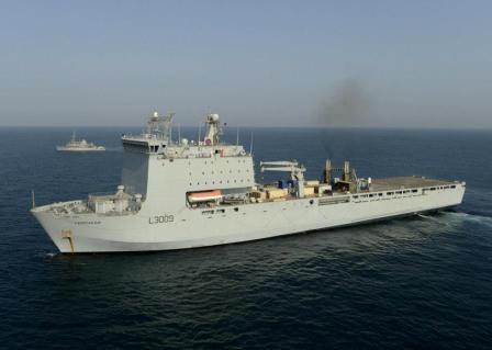 an updated RFA Cardigan Bay with two engine exhausts